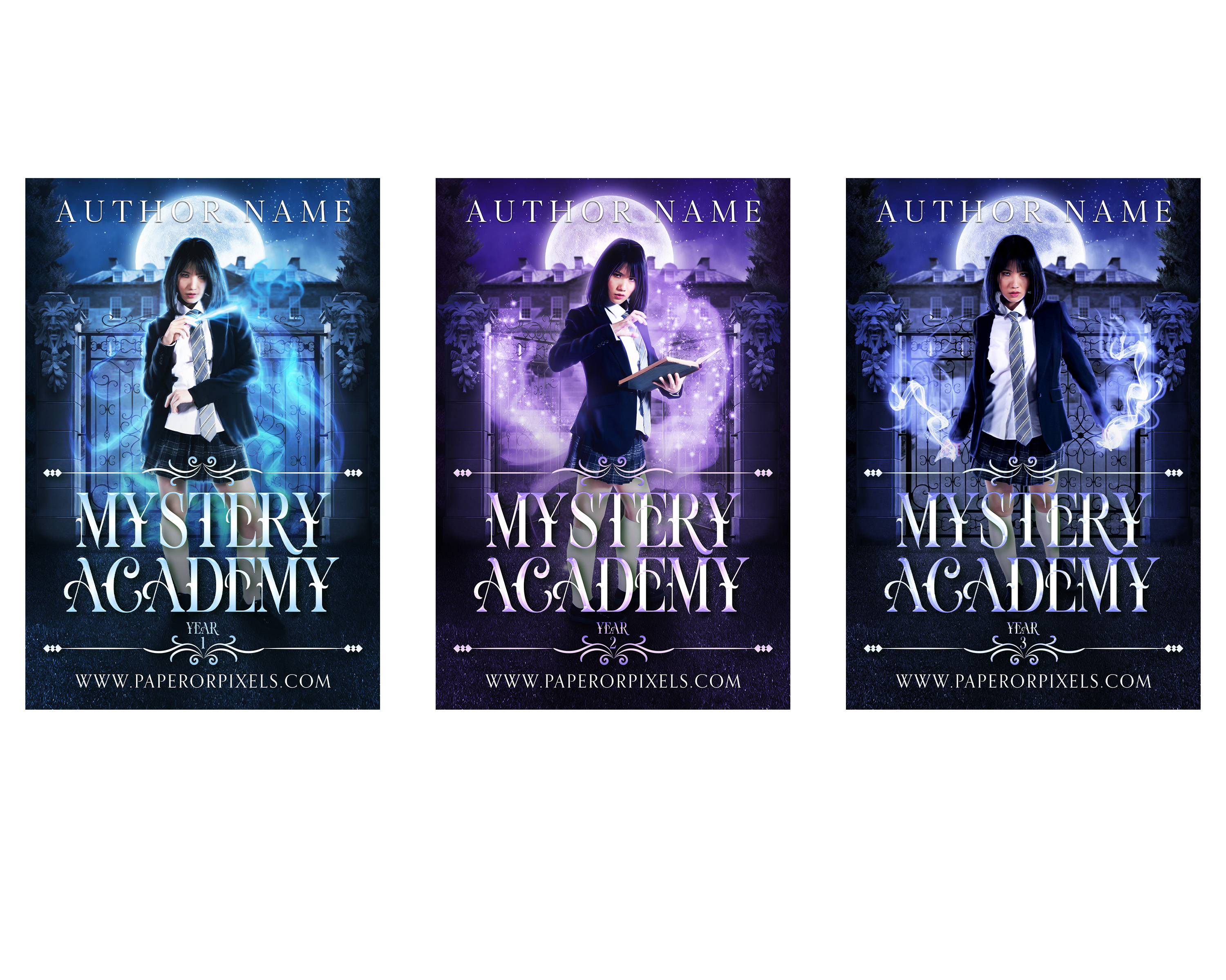 Urban Fantasy Premade Book Cover Set for Academy Themed Trilogy